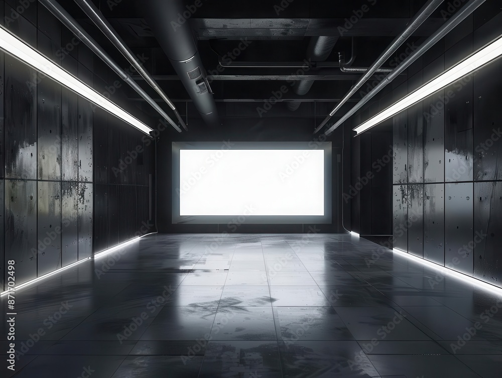 glowing digital screen illuminates dark concrete hall minimalist ...