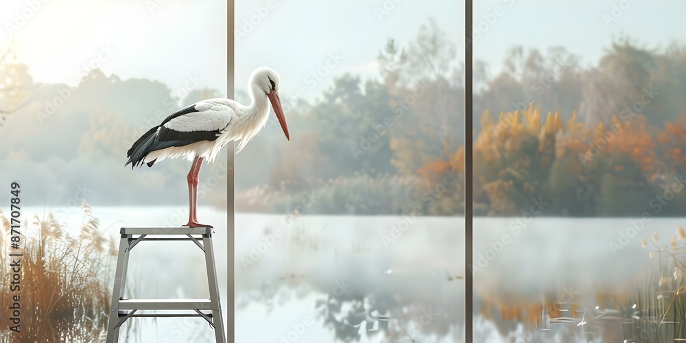 Stork on a ladder cleaning large, bright windows with a flat, shiny ...