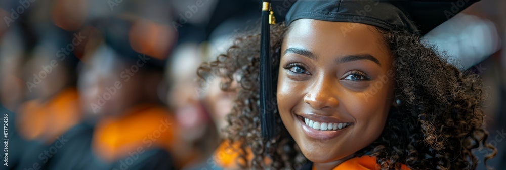 Proud and happy graduate in cap and gown, celebrating the success of ...