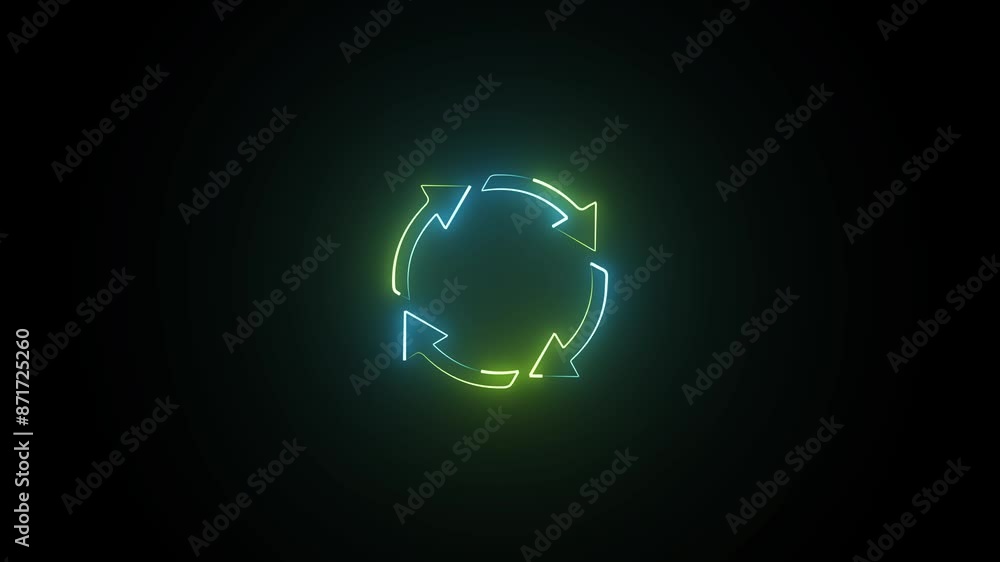 Glowing neon line rotation, circle arrow, refresh, reload animation on the black background ...