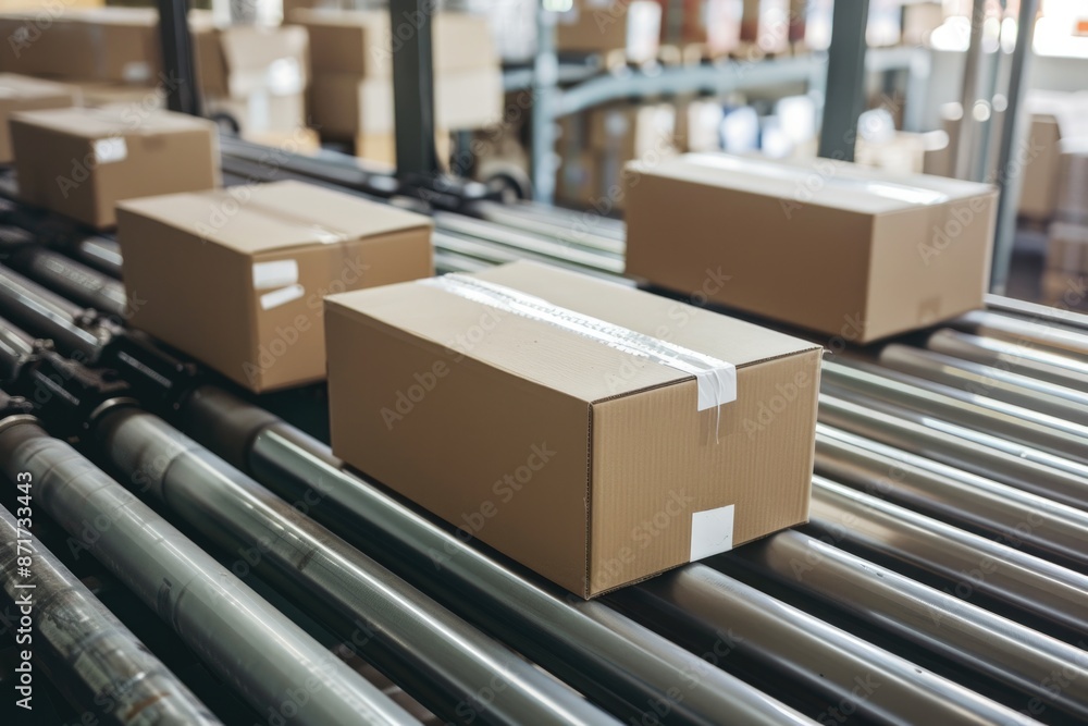 Shipping Boxes Warehouse. Closed Cardboard Boxes on Conveyor Rollers ...