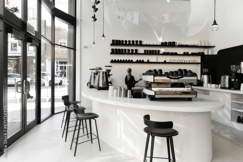 Modern coffee shop bar with a white counter and black pendant lights ...