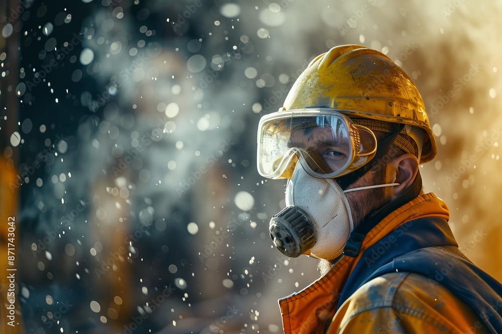 Professional construction worker wearing a high-grade dust mask ...
