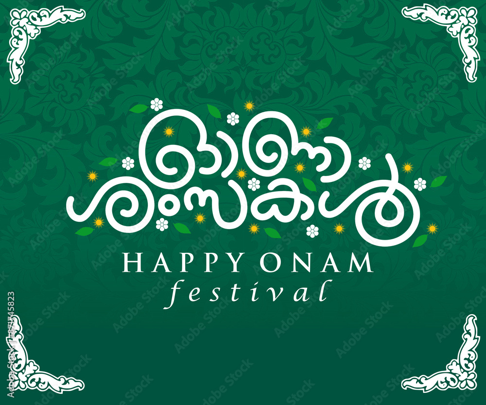 Beautiful Happy Onam Malayalam typography illustration with flowers and ...