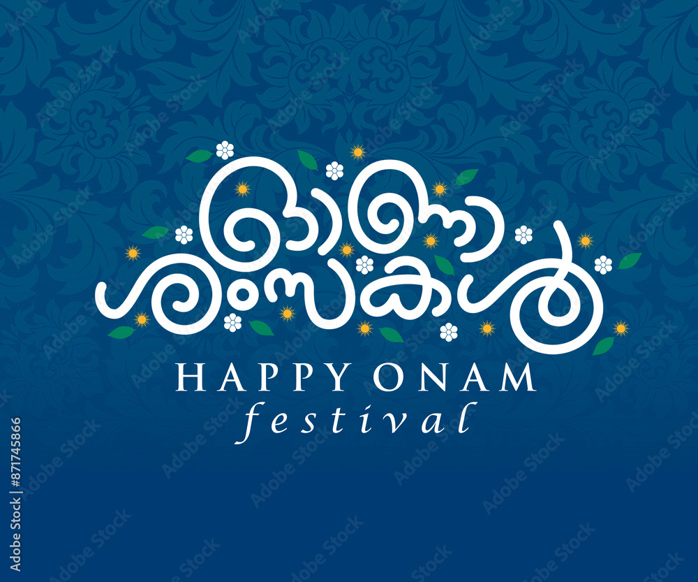 Happy Onam Malayalam lettering or typography illustration with flowers ...