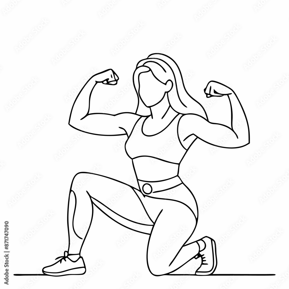 continuous single line drawing of a woman flexing her arm muscles in a ...