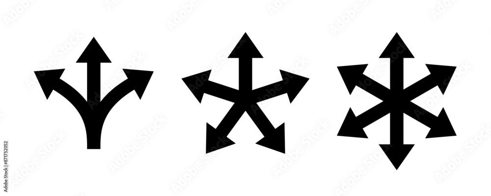 Arrow multiple direction icons. Vector three, five and six way arrows ...