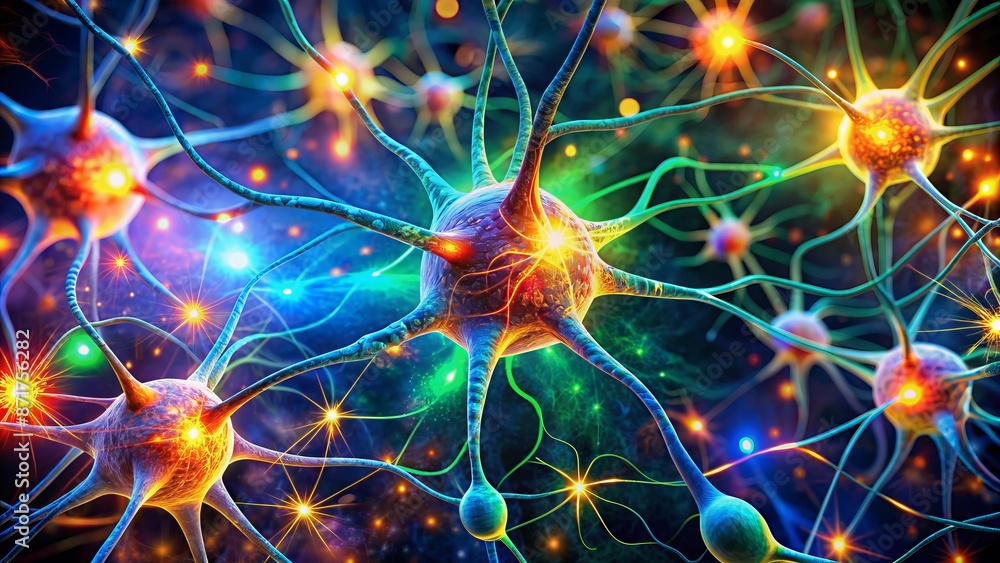 Colorful microscopic illustration of glowing neurons and synapses with ...