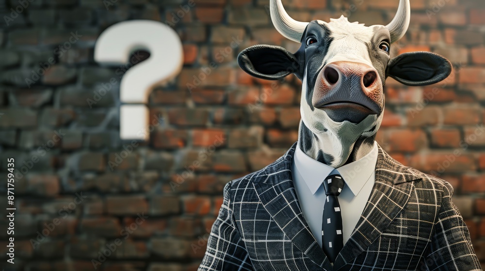 Cow in Suit with Question Mark - A cow wearing a suit and tie stands in ...