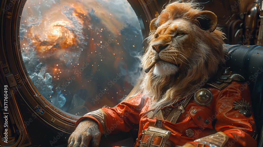 Majestic lion dressed as a space explorer gazing out of a spaceship ...