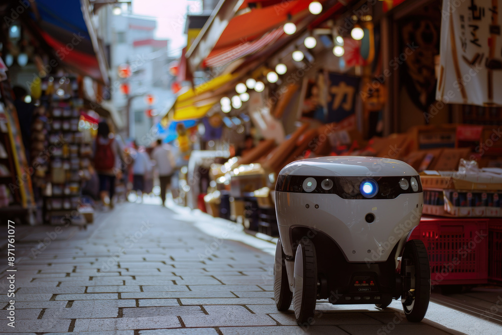 Autonomous delivery robot driving on a pedestrian street in japan ...