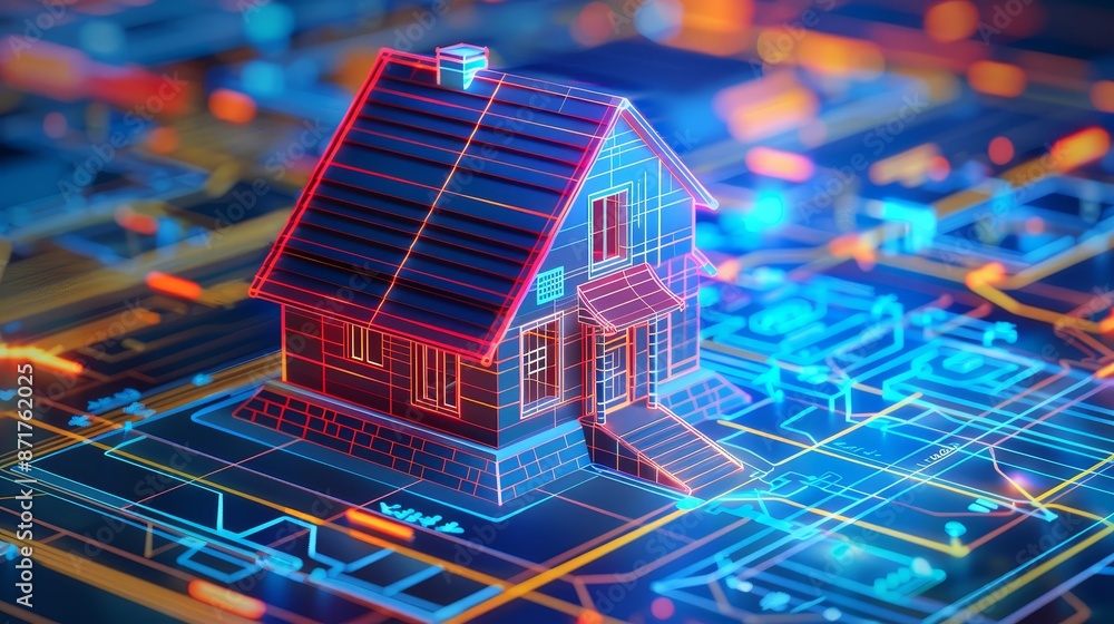 Smart Home Concept with glowing lines - A 3D model of a house with ...