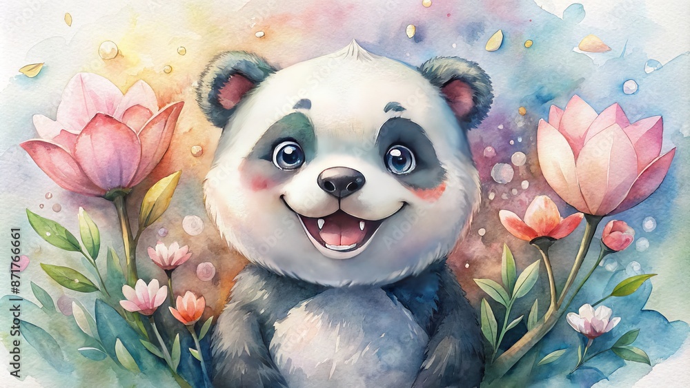watercolor art cartoon style cute happy panda. front view. 8k. full ...