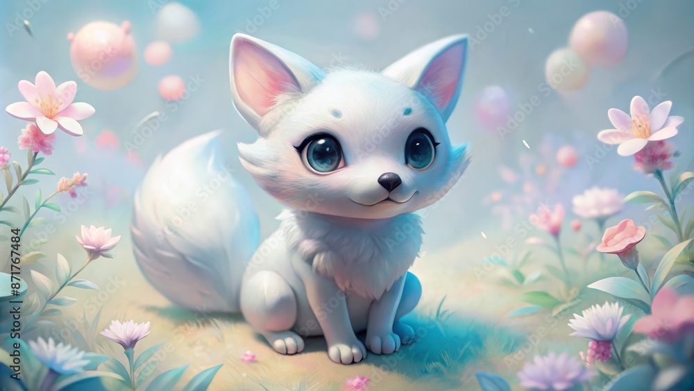 isometric clean art of a super cute baby kawaii style white fox. soft ...