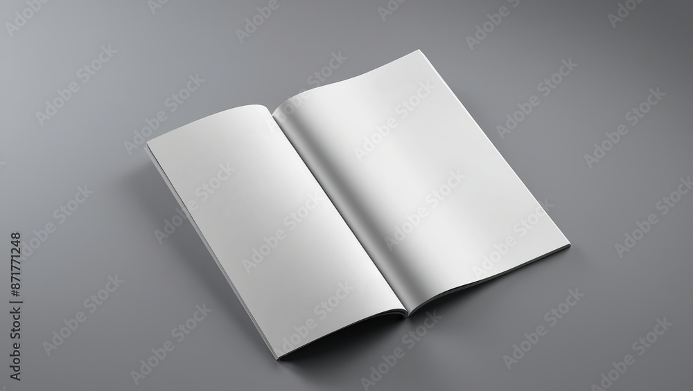 Blank open magazine mockup. The magazine is laid flat on a smooth, grey ...