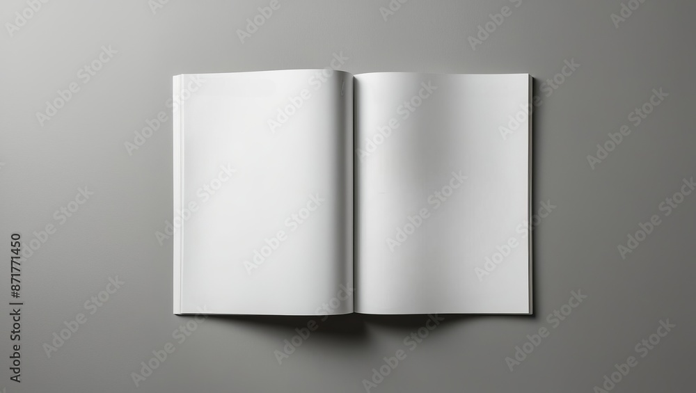 Blank open magazine mockup. The magazine is laid flat on a smooth, grey ...