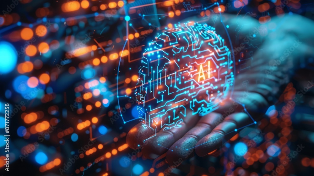 Circuit board in shape electronic brain with gyrus, symbol ai hanging ...