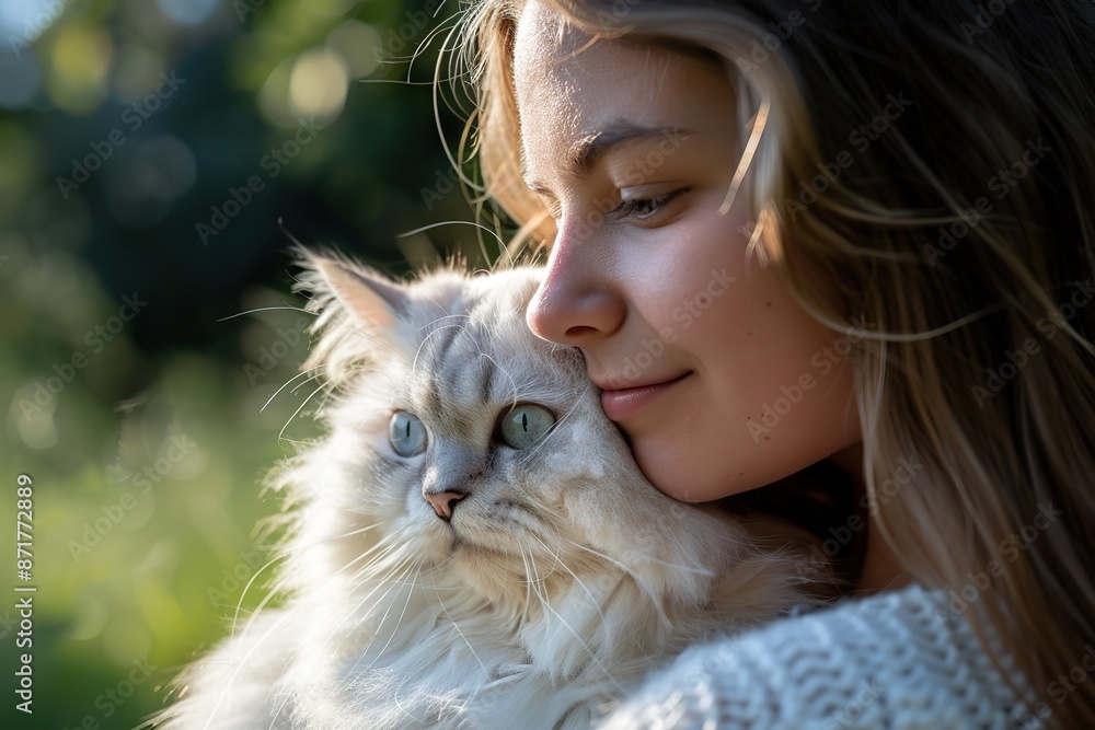 Young woman holding in hand her ginger cat outdoors. Pretty girl ...