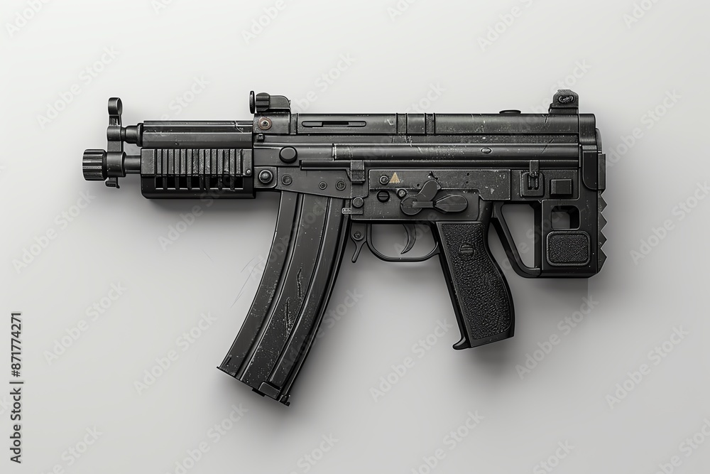 Flat Side View of Uzi Submachine Gun Illustrating compact design and ...