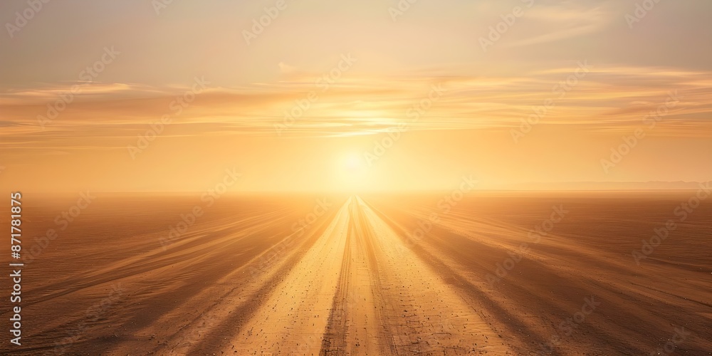 The shimmering desert road creates a mirage illusion in the intense ...