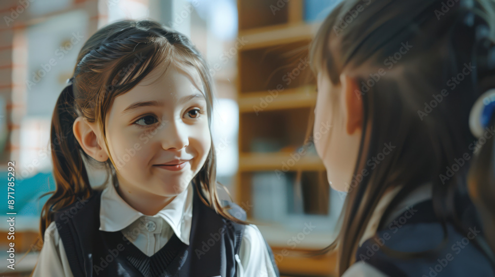 Two classmates are talking to each other at school. A candid portrait ...