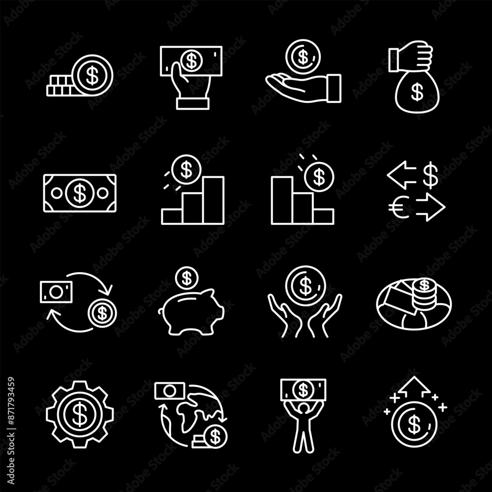 Dollar, white line icons. Money symbols currency signs and banknotes ...