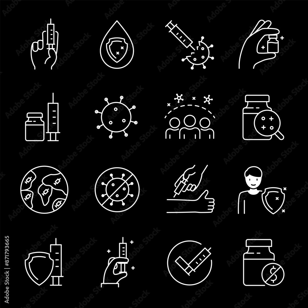 Vaccination, white line icons. Development of antiviral vaccines and ...
