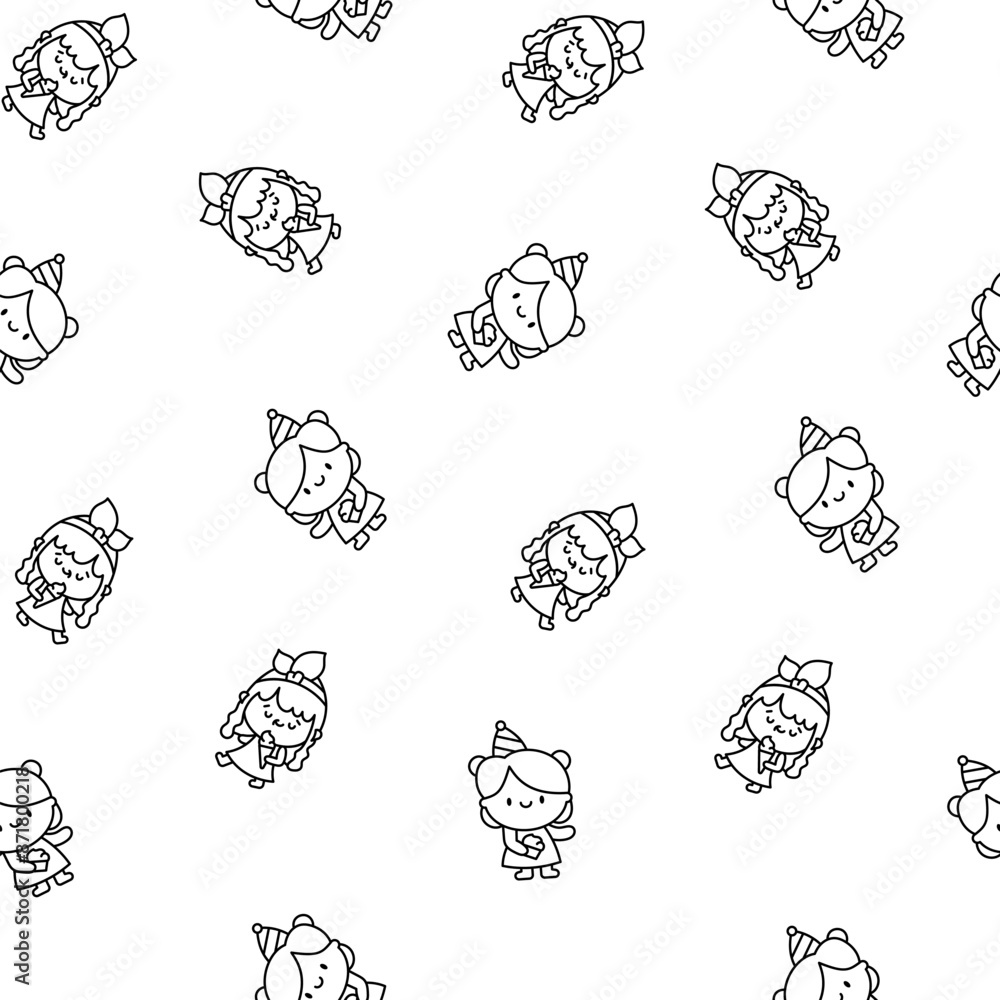 Cute kawaii little girl. Seamless pattern. Coloring Page. Happy kid ...