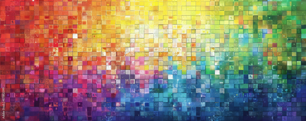 A rainbow mosaic pixel background with distinct, vibrant colors ...