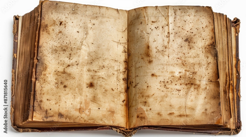 Vintage book texture of two blank paper pages with aged stains and ...