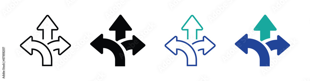 Choice between three roads icons. Three-way directional arrow collection. Way, road, direction ...