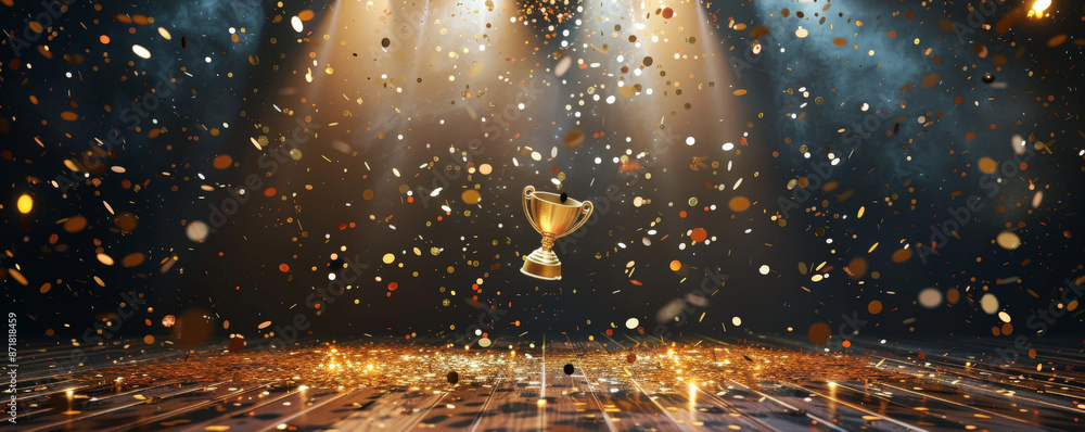 A stage with a golden trophy and a shower of confetti, with a bright ...