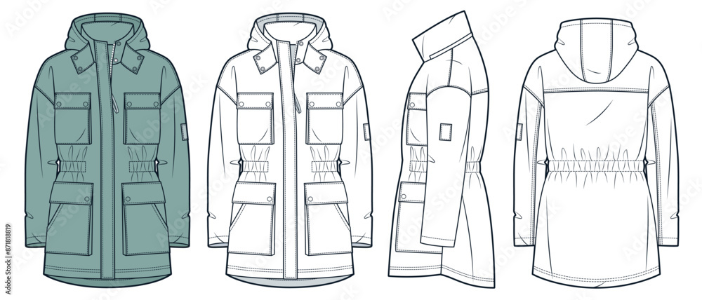 Parka Coat technical fashion Illustration. Winter Jacket fashion flat ...
