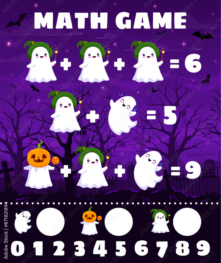 Halloween math game with cute kawaii ghost characters on cemetery ...