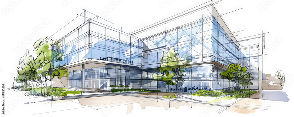 An architectural sketch of a modern corporate headquarters, featuring ...