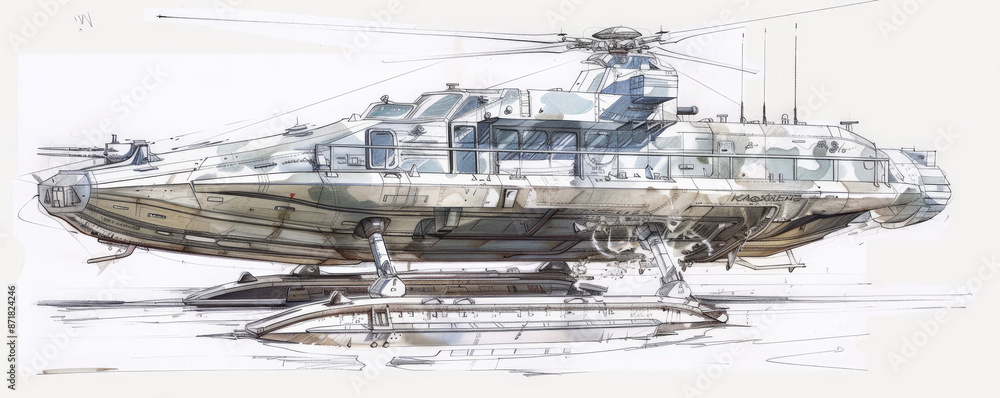 A technical drawing of a military amphibious vehicle, showcasing its ...