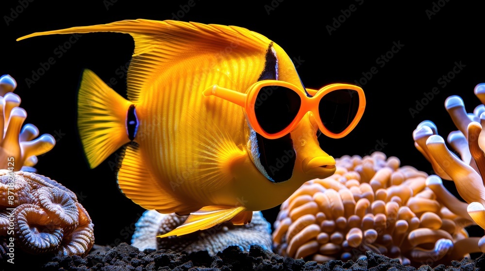 Colorful tropical fish wearing sunglasses, swimming around coral reefs ...