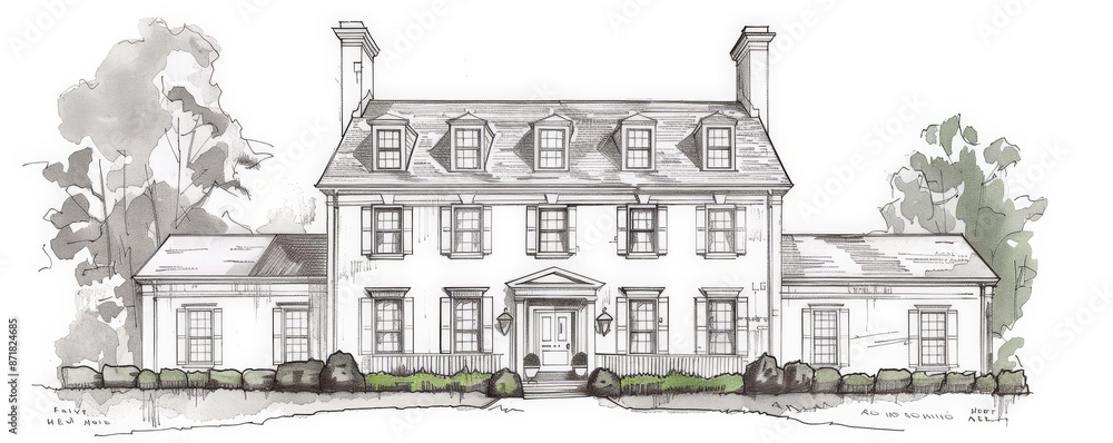 A sketch of a historic American colonial house, with symmetrical ...
