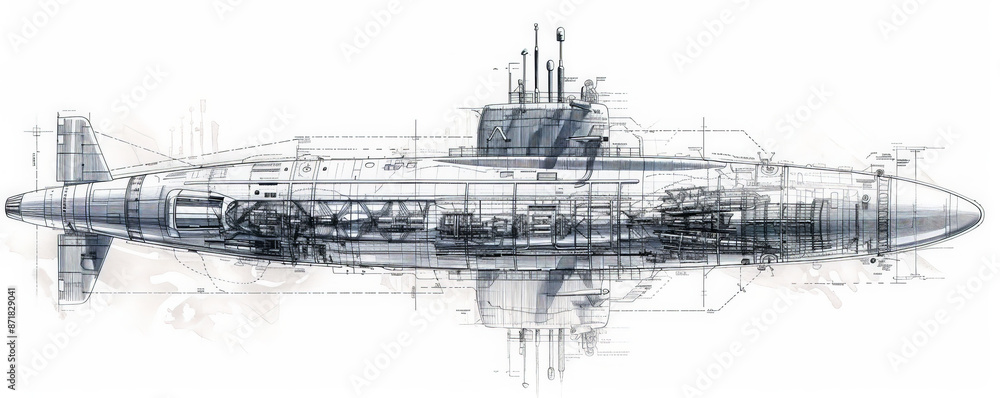 A technical drawing of a ballistic missile submarine, detailing its ...