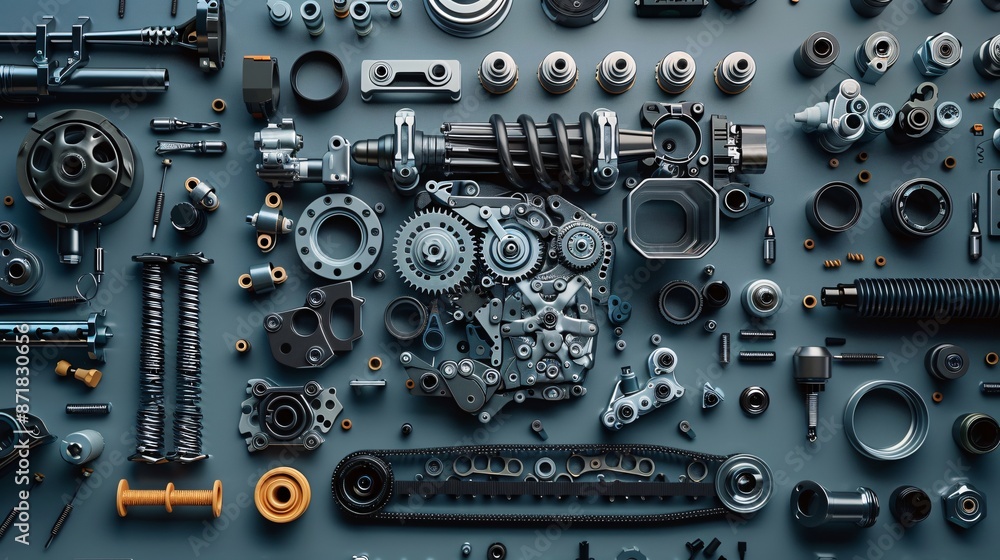 Exploded view illustration of car engine parts including timing belt ...
