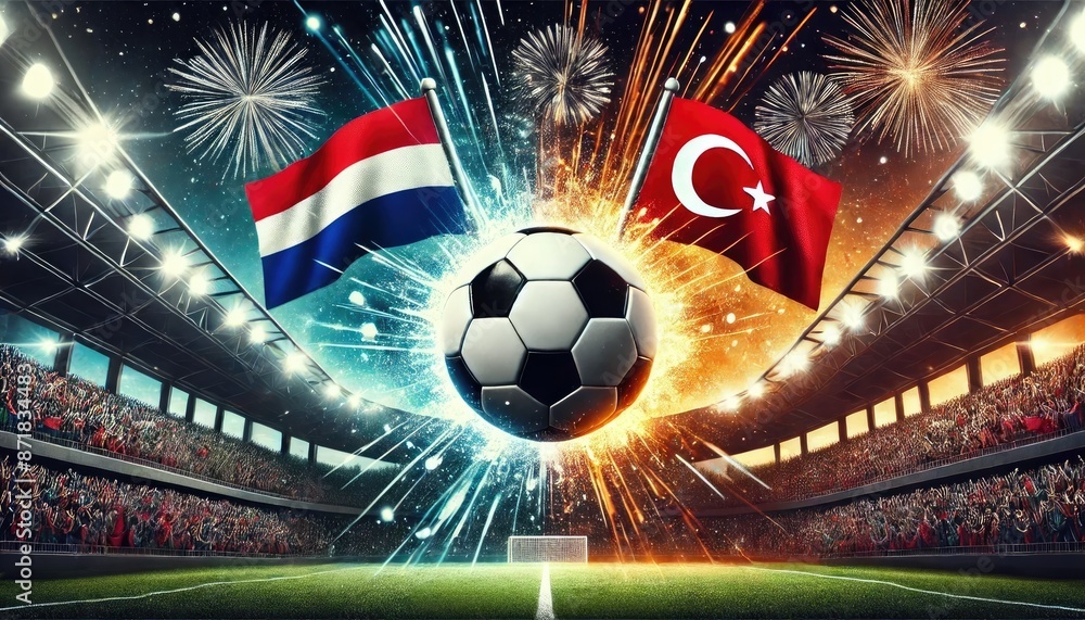 Netherlands vs Turkey football match, Dutch flag, Turkish flag, stadium ...