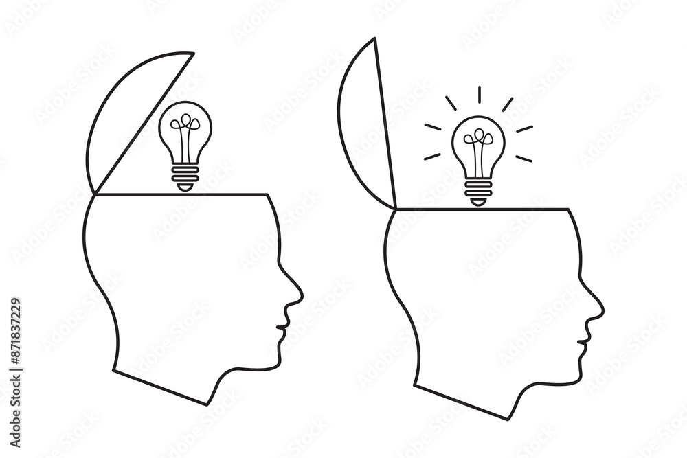 open minded character set with head shape lightbulb in thin line. idea ...