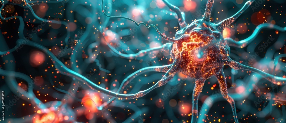 A high-definition 3D illustration of a nerve cell, with an emphasis on ...