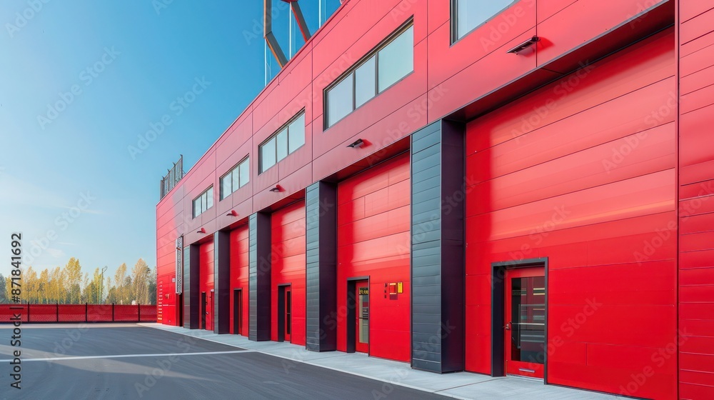 detailed view of a modern fire station, its doors and walls clad in ...