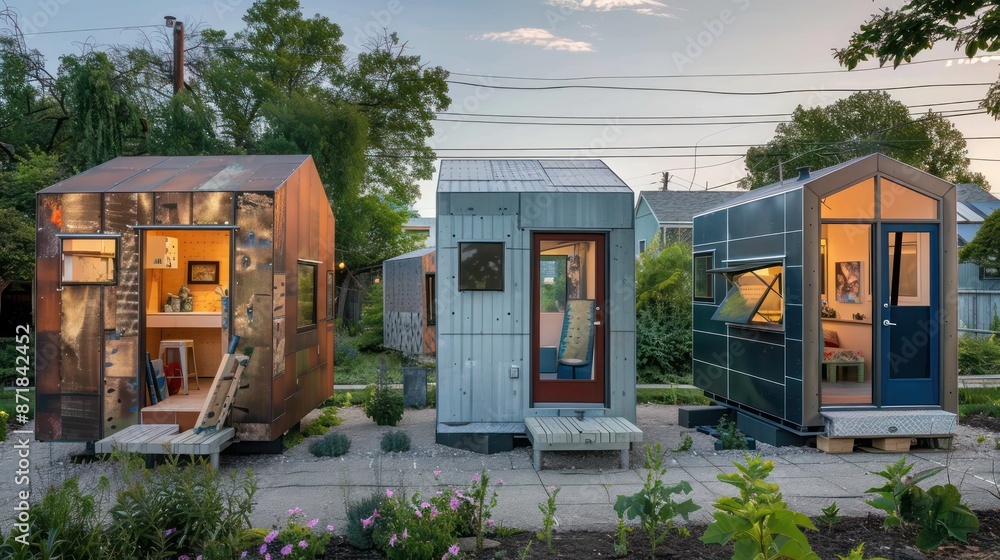 detailed view of a series of small, portable artist studios, their ...