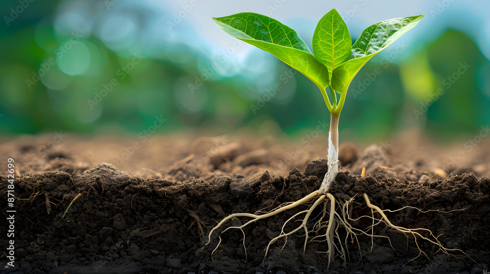 A seedling emerging from beneath the soil and growing, with the roots ...