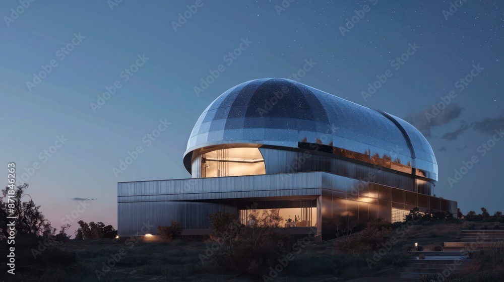 Foto de dramatic view of a modern observatory, its domed structure clad ...