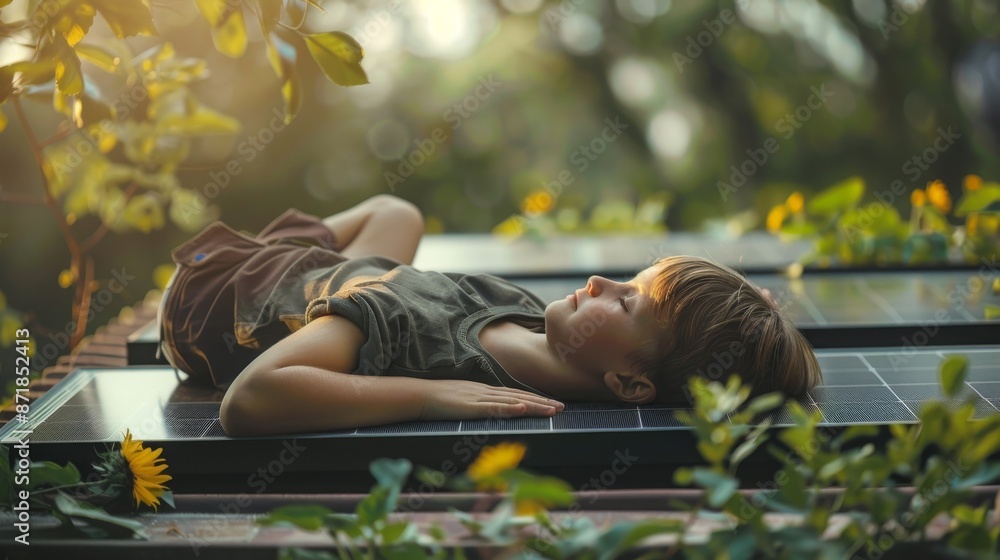 photograph of Boy lying on belly on roof with solar panels, nature ...