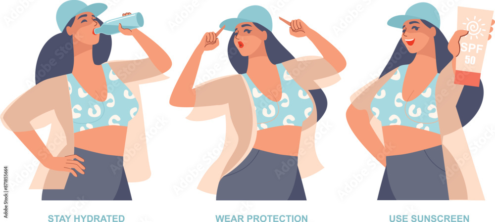 Summertime sun safety and skin protection. Heat wave awareness. Heat ...
