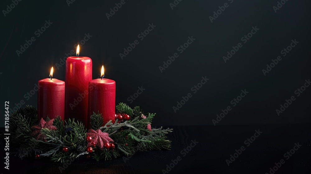 Beautiful new advent wreath with four red candles in a vertical low ...